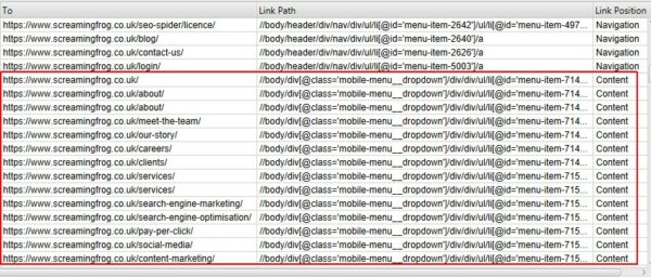 How To Analyse Link Position - Screaming Frog