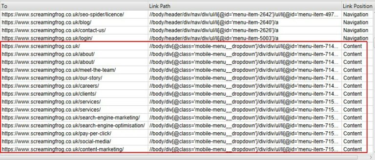 How To Analyse Link Position - Screaming Frog